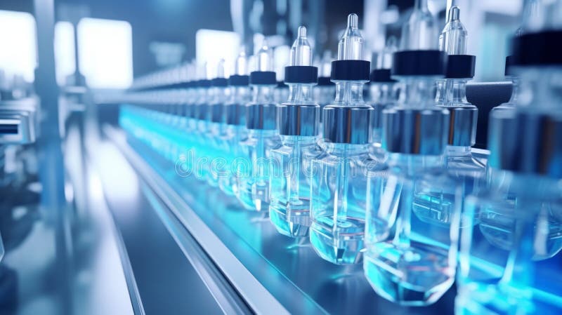 A Production Line with Bottles Filled with Liquid on a Conveyor Belt ...
