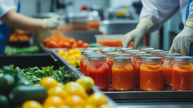 Production Line for Food Processing with Fresh Ingredients and Jars of ...