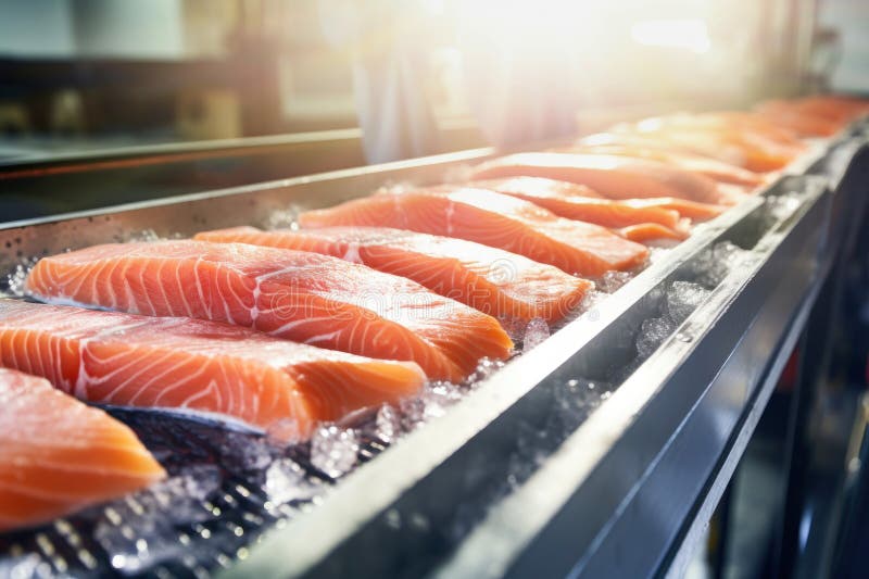 A Production Line of Fresh Salmon Fillets at a Fish Processing Factory ...