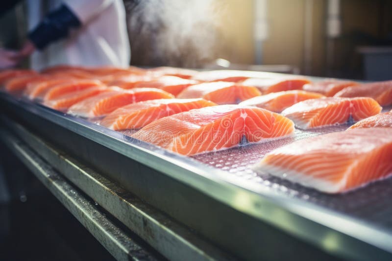 A Production Line of Fresh Salmon Fillets at a Fish Processing Factory ...