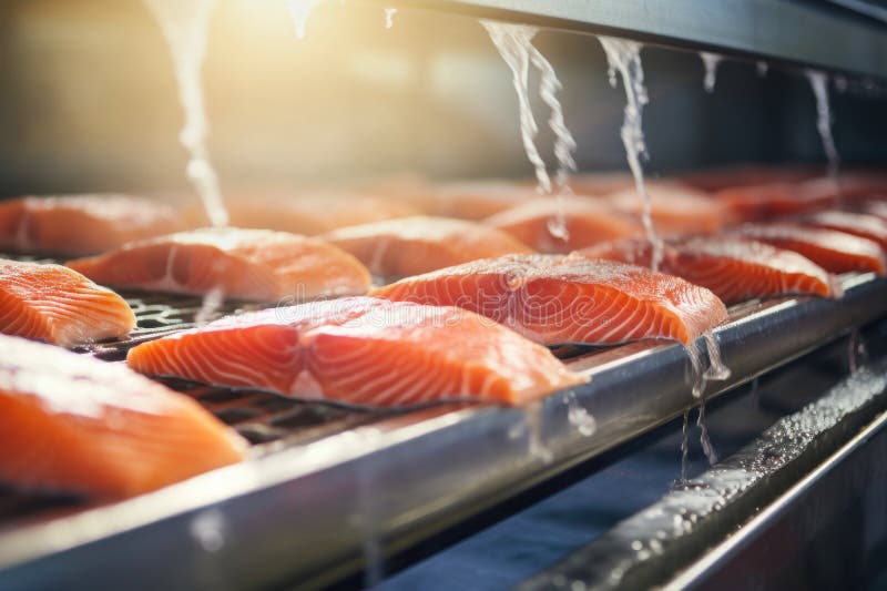 A Production Line of Fresh Salmon Fillets at a Fish Processing Factory ...