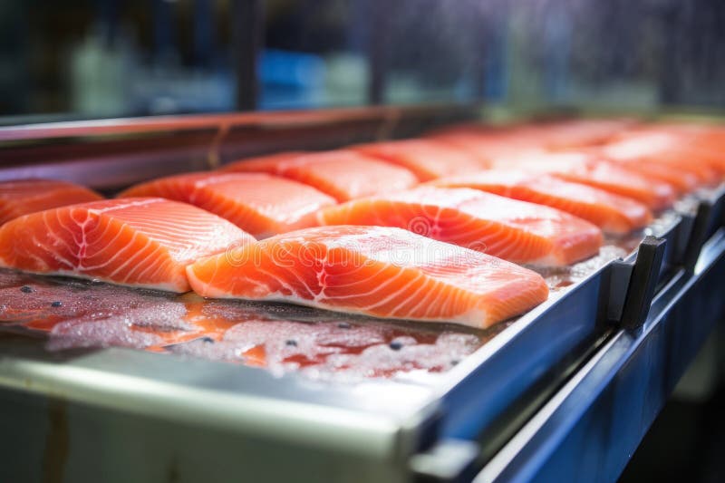 A Production Line of Fresh Salmon Fillets at a Fish Processing Factory ...