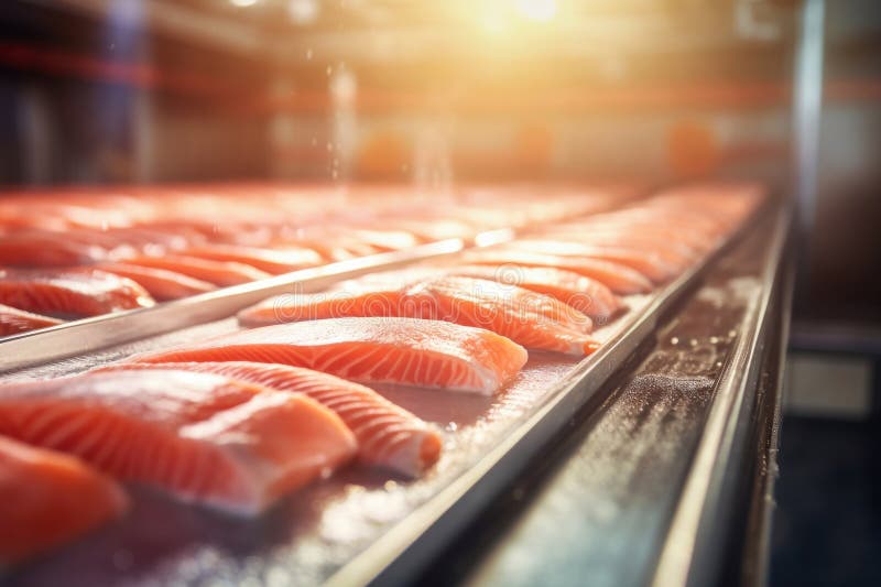 A Production Line of Fresh Salmon Fillets at a Fish Processing Factory ...