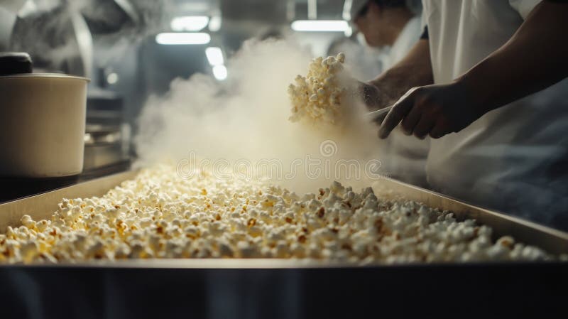 Production Line for Freshly Made Popcorn in a Food Processing Facility ...