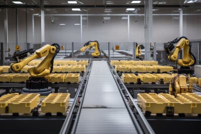 Production Line, with Robots Performing Various Tasks in Sequence Stock ...