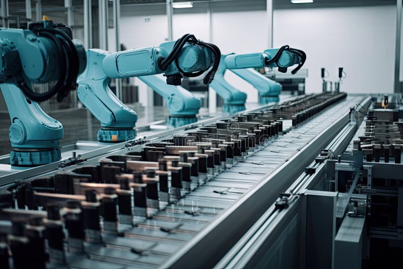Production Line With Robots Performing Various Tasks In Sequence Stock