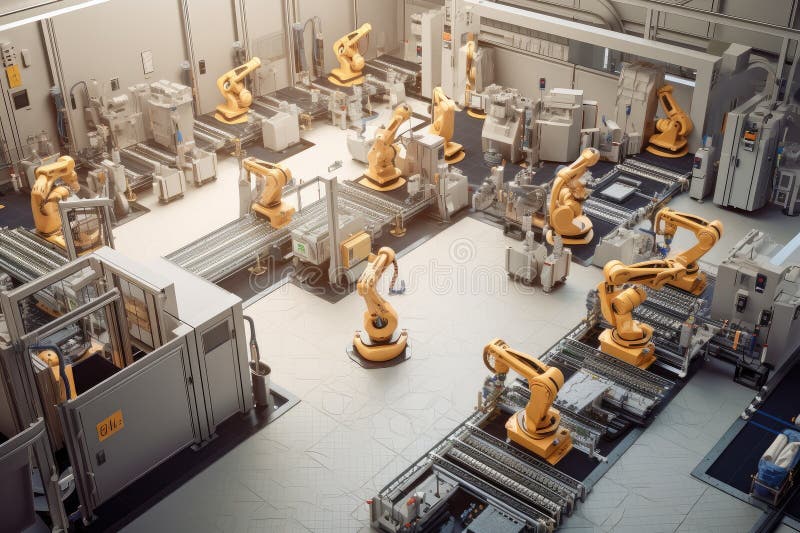 Production Line, with Robots Performing Various Tasks in Sequence Stock ...