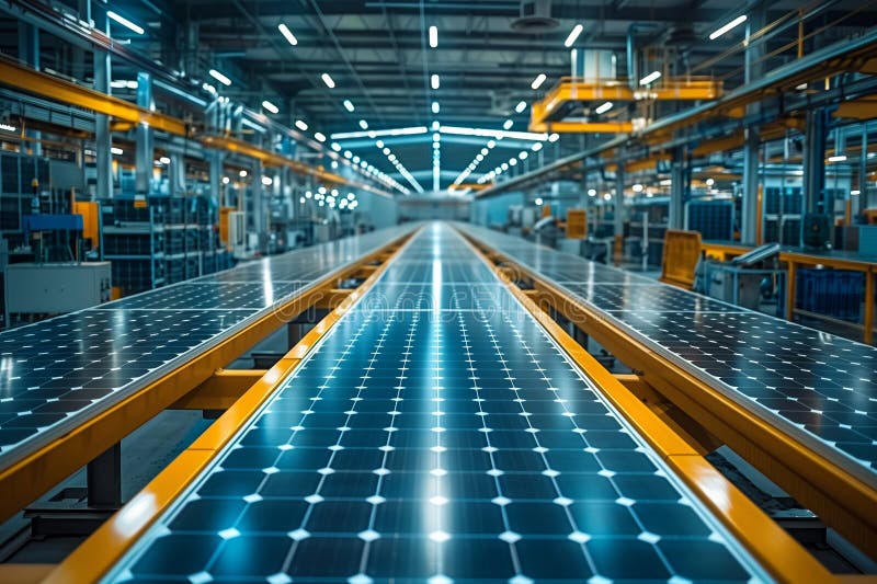 Production Line of Solar Panels in a Modern Factory Under Bright Indoor ...