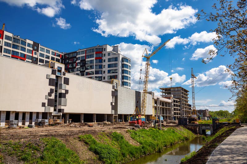 Production Process in the Construction of a New House. Lifting Crane at ...