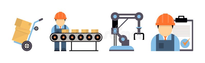 Production Process with Machine Operator Man in Hard Hat Icons Vector ...