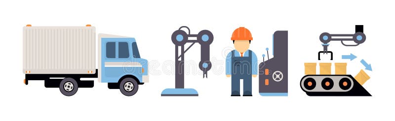 Production Process with Machine Operator Man in Hard Hat Icons Vector ...