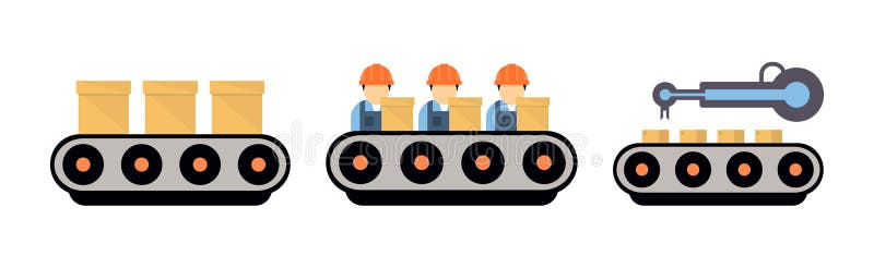 Production Process with Machine Operator Man in Hard Hat Icons Vector ...