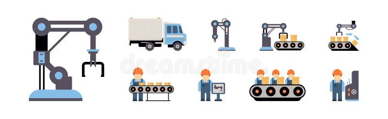 Production Process with Machine Operator Man in Hard Hat Icons Vector ...