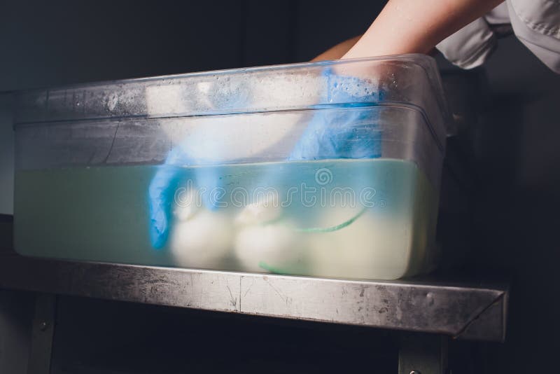 Production Process of Mozzarella Cheese, Cheese Making Process. Stock ...