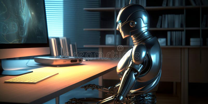 Productive Android at Work on Computer in Modern Office Interior ...