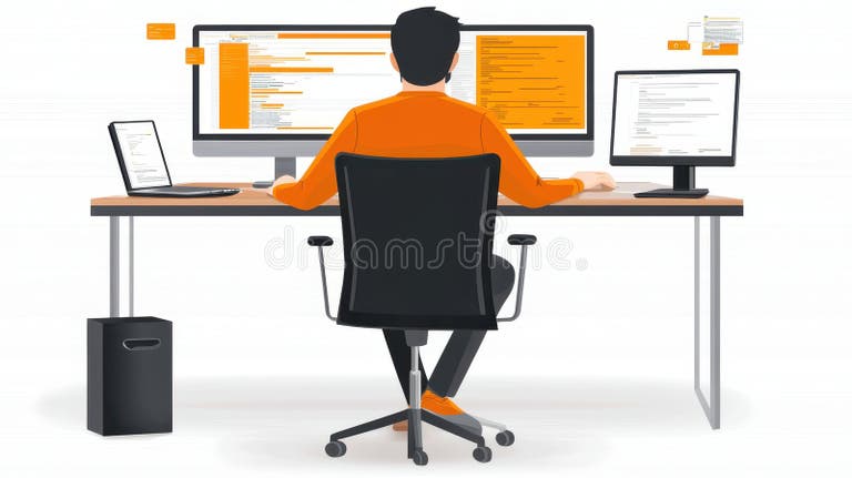 Productive Home Office Workspace, Man at Desk with Computer and Laptop ...