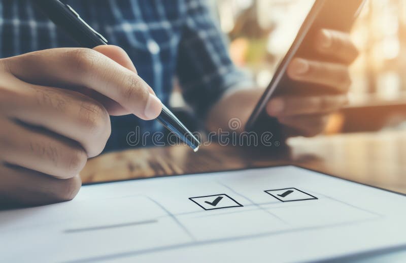 Productive Man Checking Off Tasks on a Notepad and Using a Mobile Phone ...