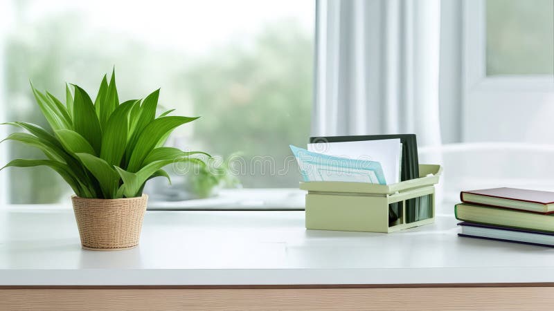 Productive Study Table Setup: Books, Glasses, Potted Plant, and Ample ...
