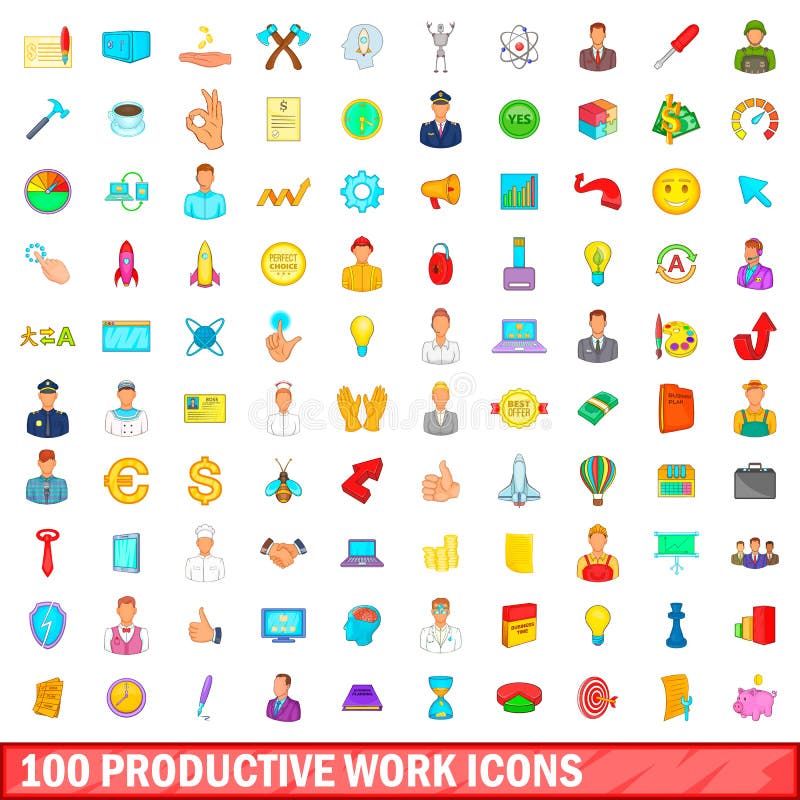 100 Productive Work Icons Set, Cartoon Style Stock Illustration ...