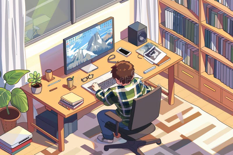 Productive Workflow: Boy Engaged with Computer Work Stock Illustration ...