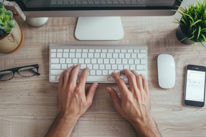 Productive Workspace: Close Up of Hands Typing on Keyboard with ...