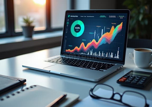 Productive Workspace with Data Analytics and Coffee Stock Image - Image ...