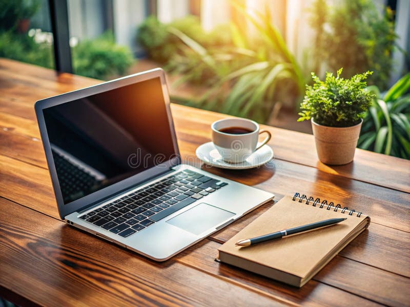 Productive Workspace with a Laptop, Notebook, and Coffee Cup on a ...