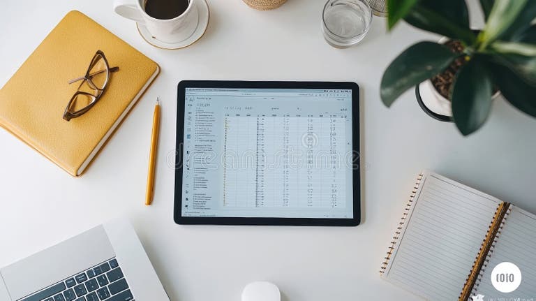 Productive Workspace Tablet with Spreadsheet, Laptop, and Notebook ...