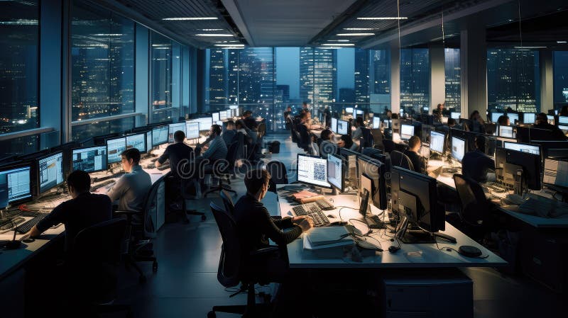 Productivity Busy Office Computers Stock Illustration - Illustration of ...