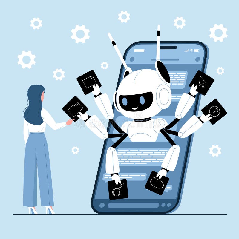 Productivity of Chatbot Assistant, Tiny Woman Working with Multitasking ...