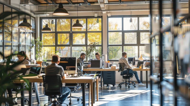 Productivity in a Modern Workplace. Office Busy, Large Window Concept ...