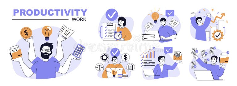 Productivity Work Concept Set in Flat Web Design. People in Isolated ...