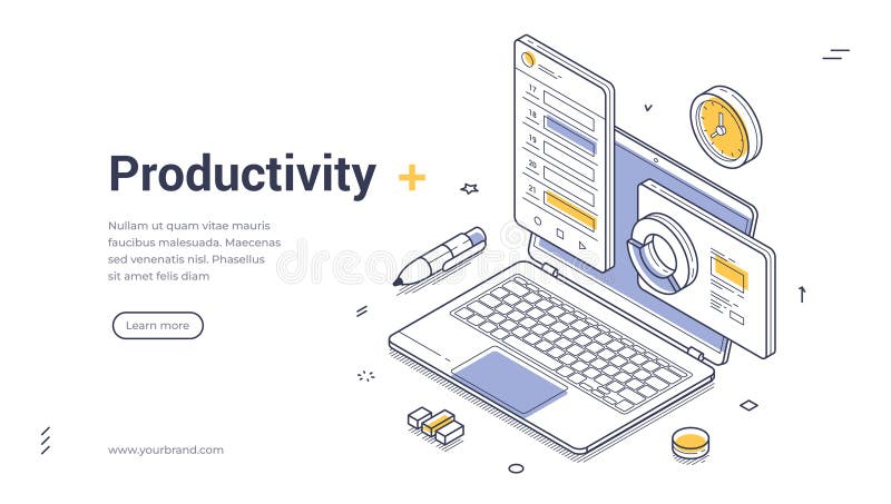 Productivity Work Process Optimization Isometric Web Banner Design Template Vector Illustration ...