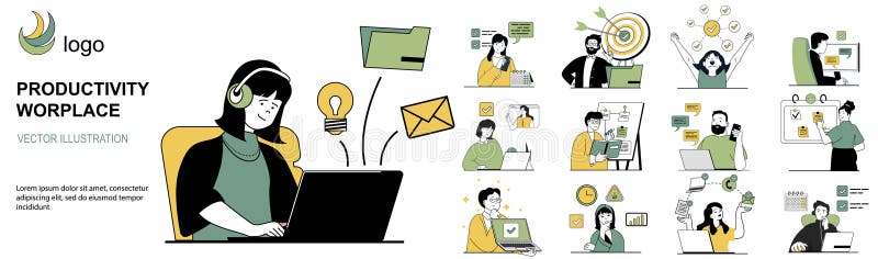Productivity Workplace Concept with Character Situations Collection ...