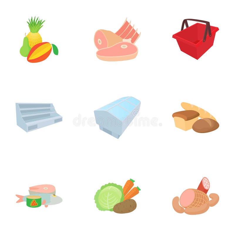 Products in Store Icons Set, Cartoon Style Stock Vector - Illustration ...