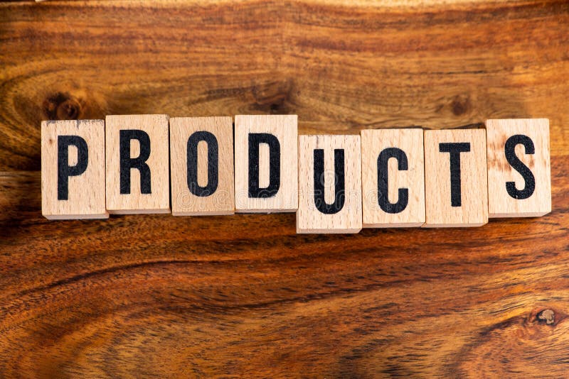 ` PRODUCTS ` Text Made of Wooden Cube on Wooden Background Stock Image ...