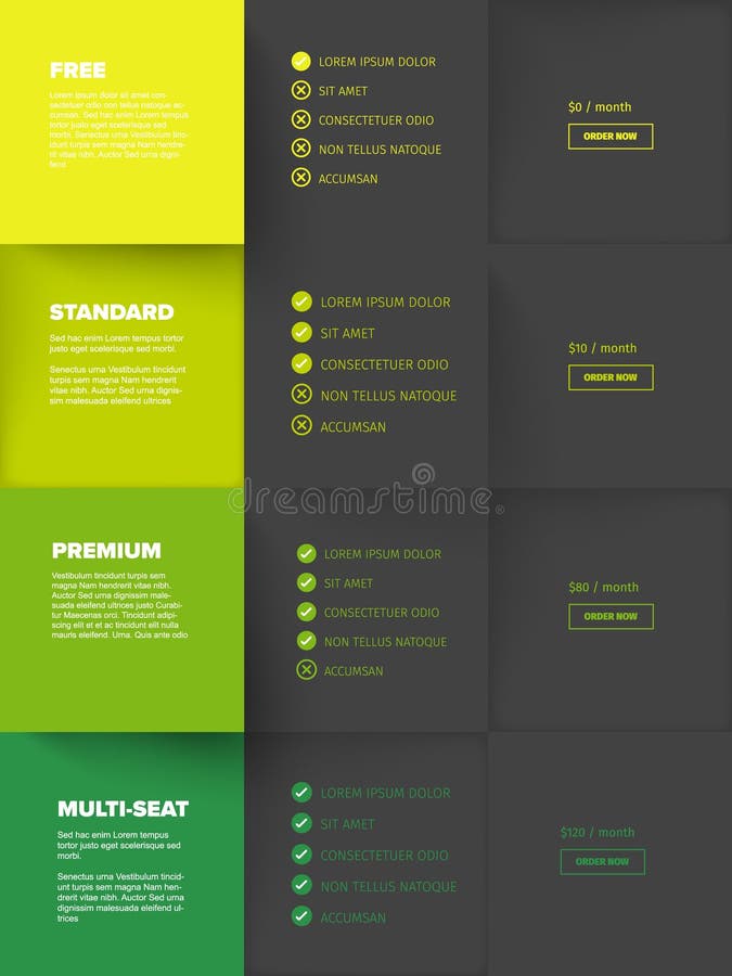 Products Versions Feature and Price List Table - Dark Version Stock ...