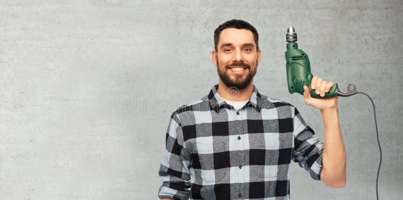 Happy Man, Worker or Builder with Drill Stock Image - Image of ...