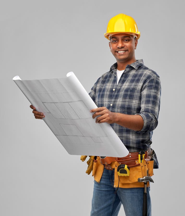 Happy Indian Builder in Helmet with Blueprint Stock Photo - Image of ...