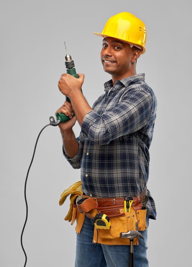Happy Indian Builder in Helmet with Electric Drill Stock Photo - Image ...
