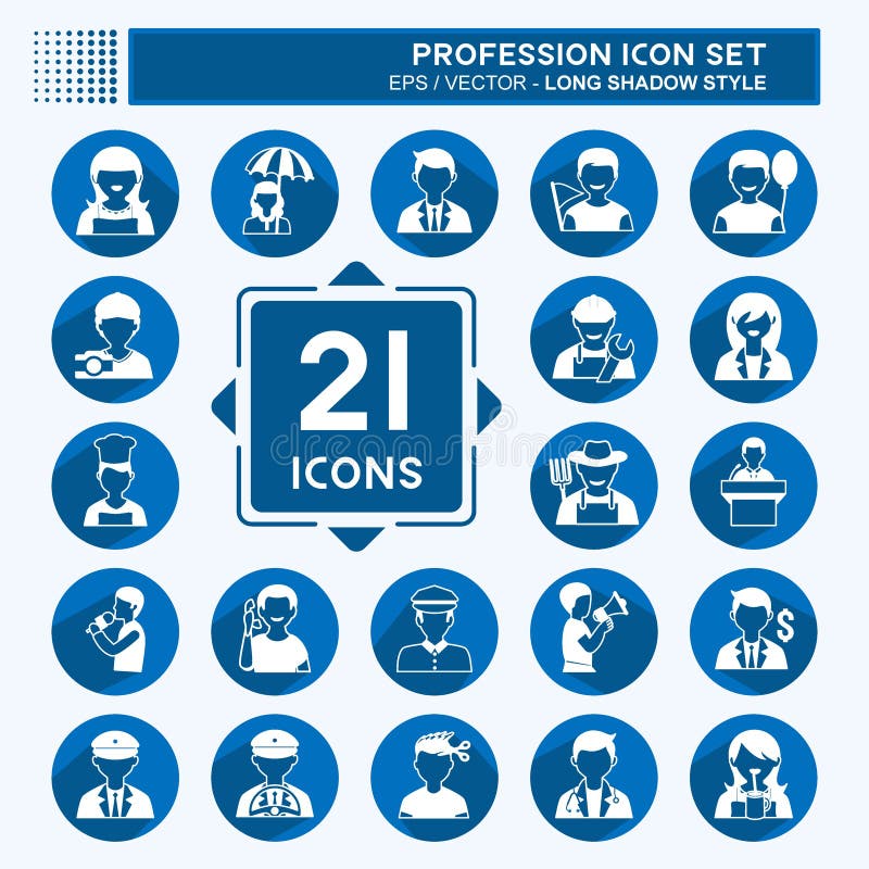 Profession Icon Set in Trendy Long Shadow Style Isolated on Soft Blue ...