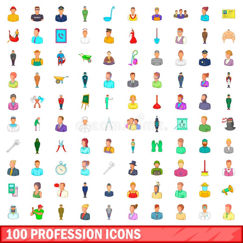 100 Profession Icons Set, Cartoon Style Stock Vector - Illustration of ...