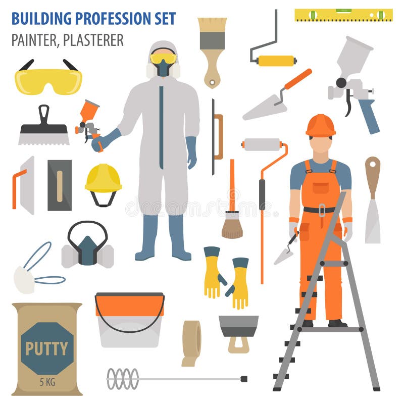 Profession and Occupation Set. Plasterer and Painter Tools and ...
