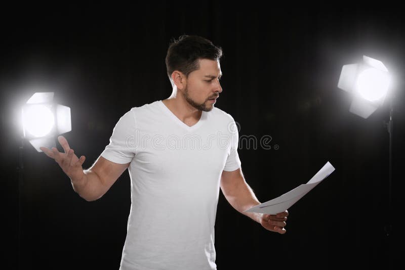 Professional Actor Reading His Script during Rehearsal in Theatre Stock ...