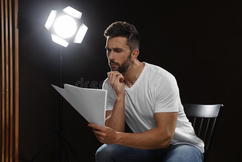 Professional Actor Reading His Script during Rehearsal in Theatre Stock ...