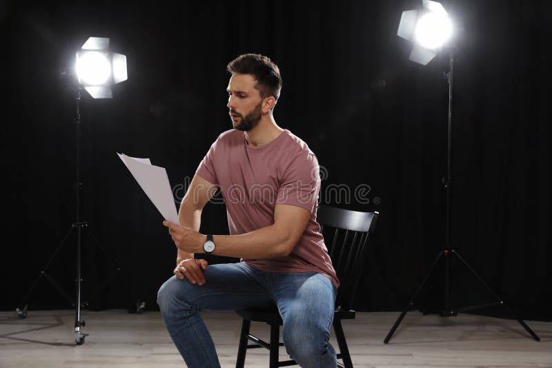 Professional Actor Reading His Script during Rehearsal in Theatre Stock ...