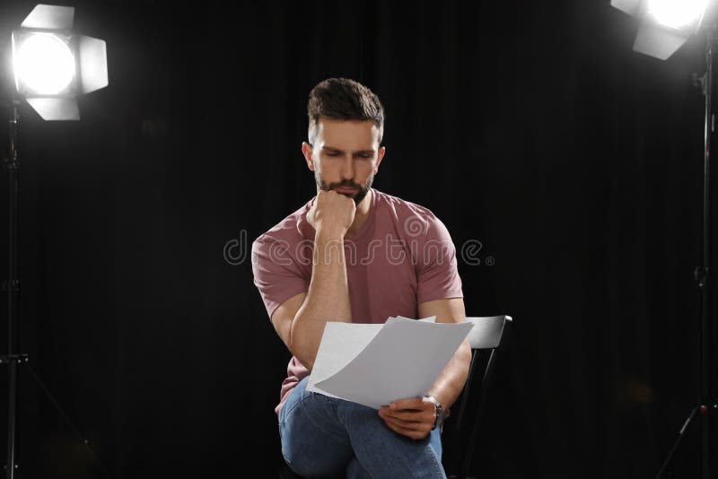 Professional Actor Reading His Script during Rehearsal in Theatre Stock ...