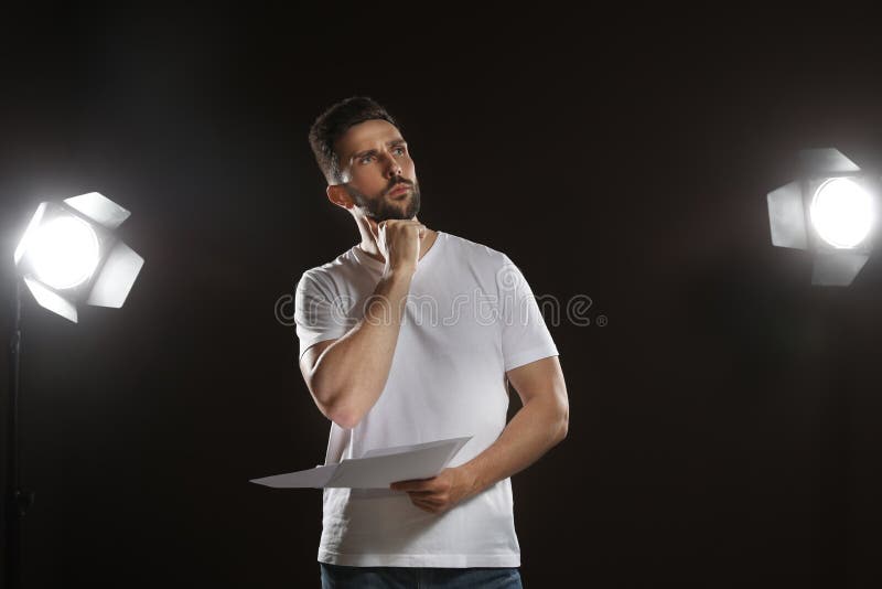 Professional Actor Reading His Script during Rehearsal in Theatre Stock ...