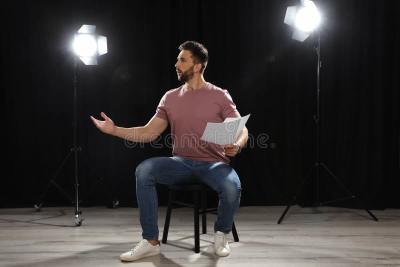 Professional Actor Reading His Script during Rehearsal in Theatre Stock ...