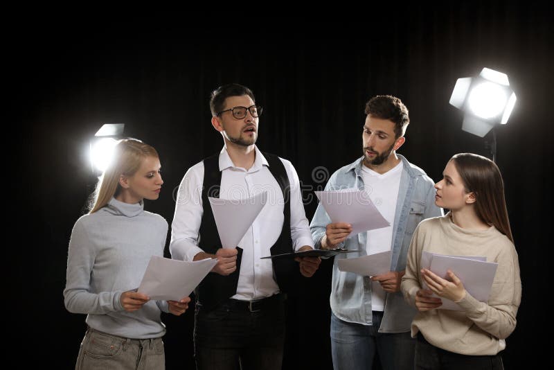 Professional Actors Reading Their Scripts during Rehearsal in Theatre ...